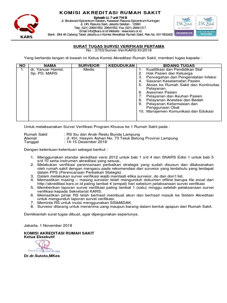 Surat Tugas Surveior - Survei Verifikasi Akreditasi Progsus Ke 1 RS Ibu Dan Anak Restu Bunda ...