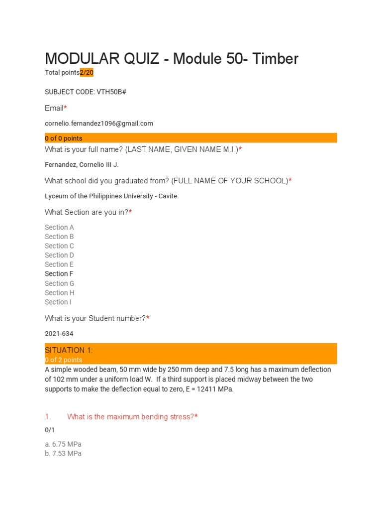 MODULAR QUIZ - 50 - Timber | PDF | Bending | Beam (Structure)