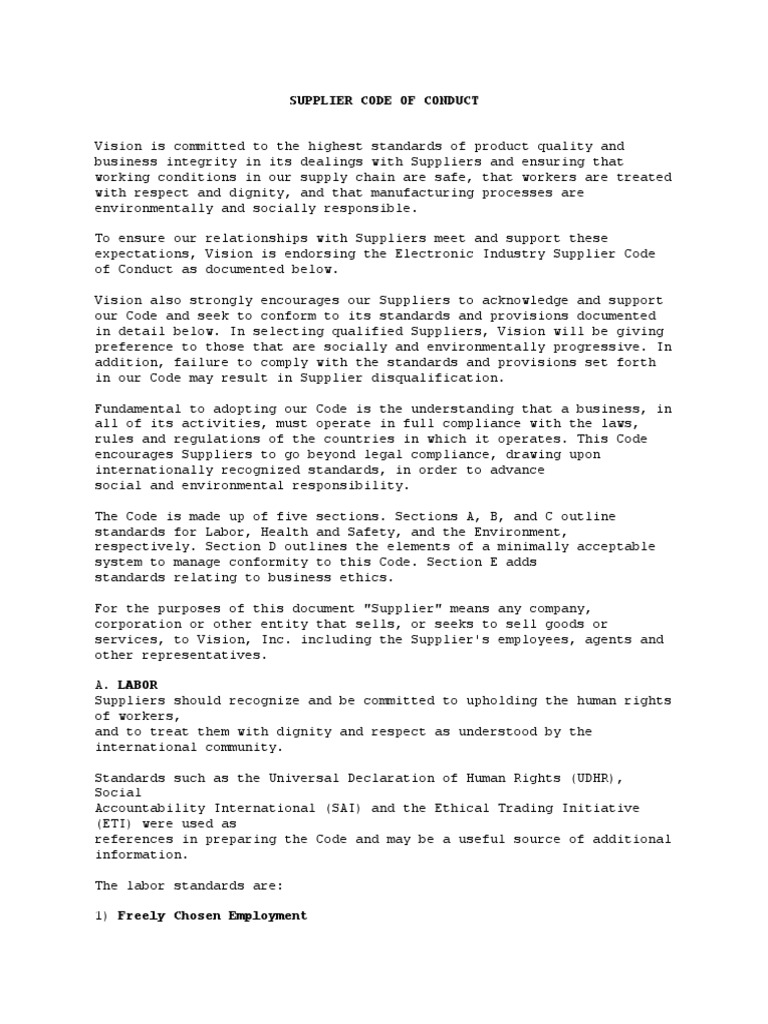 Vision Supplier Code of Conduct Guidelines | PDF | Occupational Safety ...