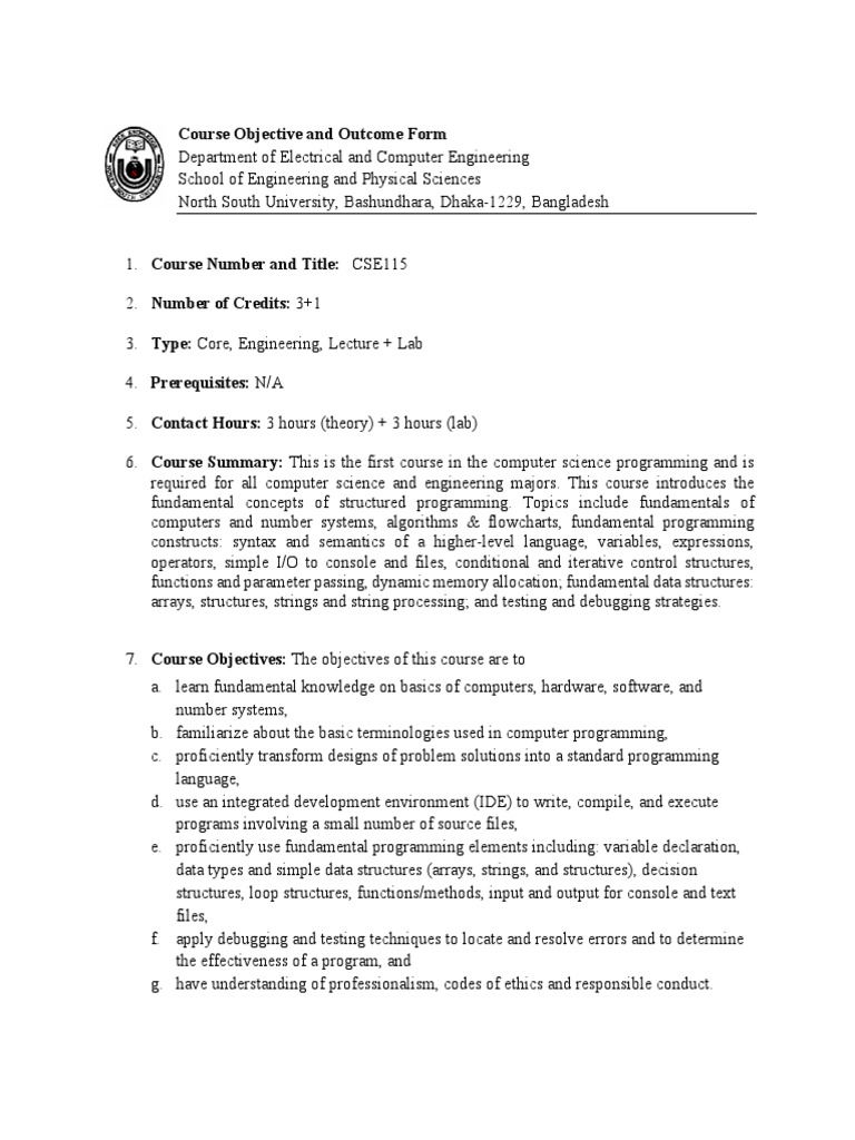 CSE115 Course Objectives and Outcomes | PDF | Computer Programming | Programming