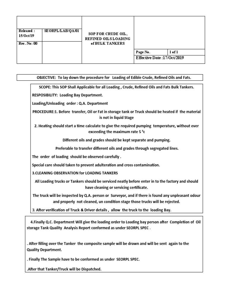 SOP For REFINED OILS & FATS LOADING | PDF