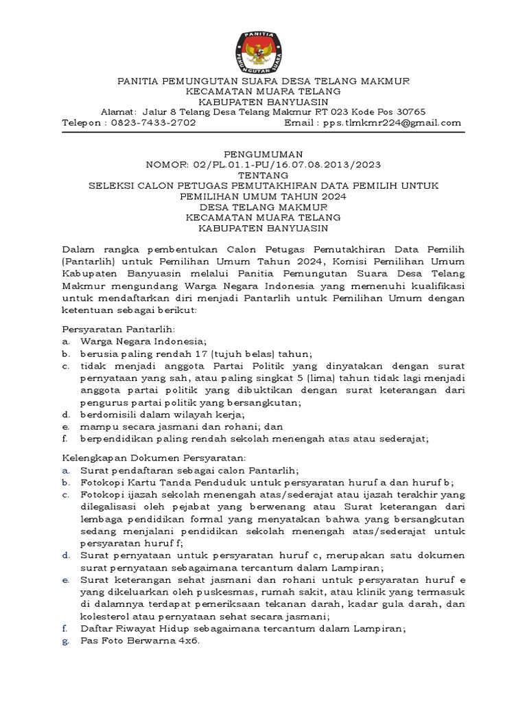 Surat Pengumuman Pend Pantarlih | PDF