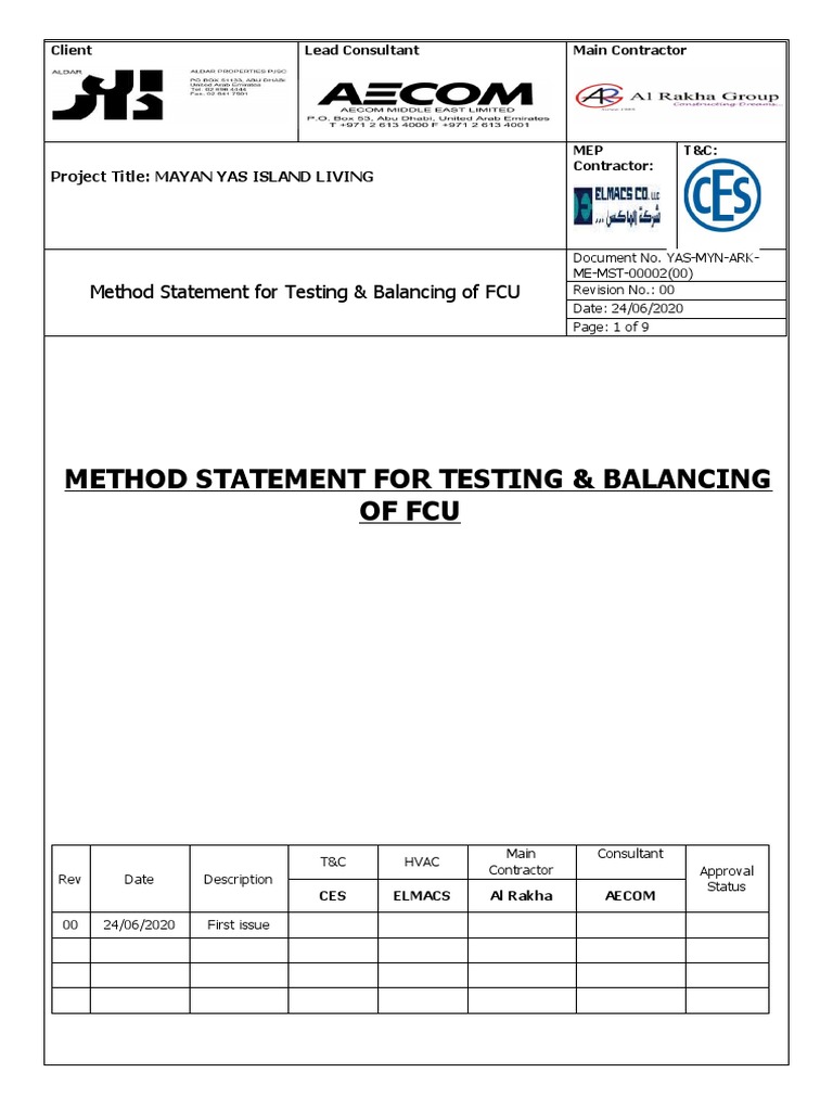 Method Statement For TAB - FCU | PDF | Flow Measurement | Duct (Flow)