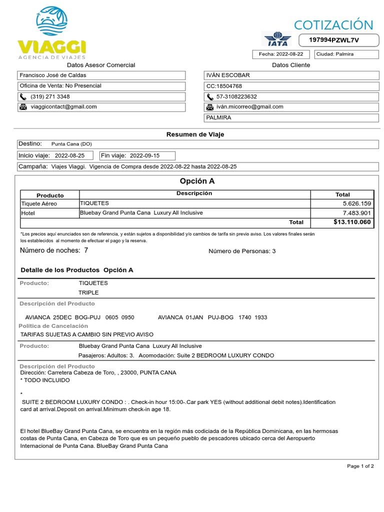Cotización de viaje a Punta Cana | PDF | Tarjeta de crédito | Visa Inc.
