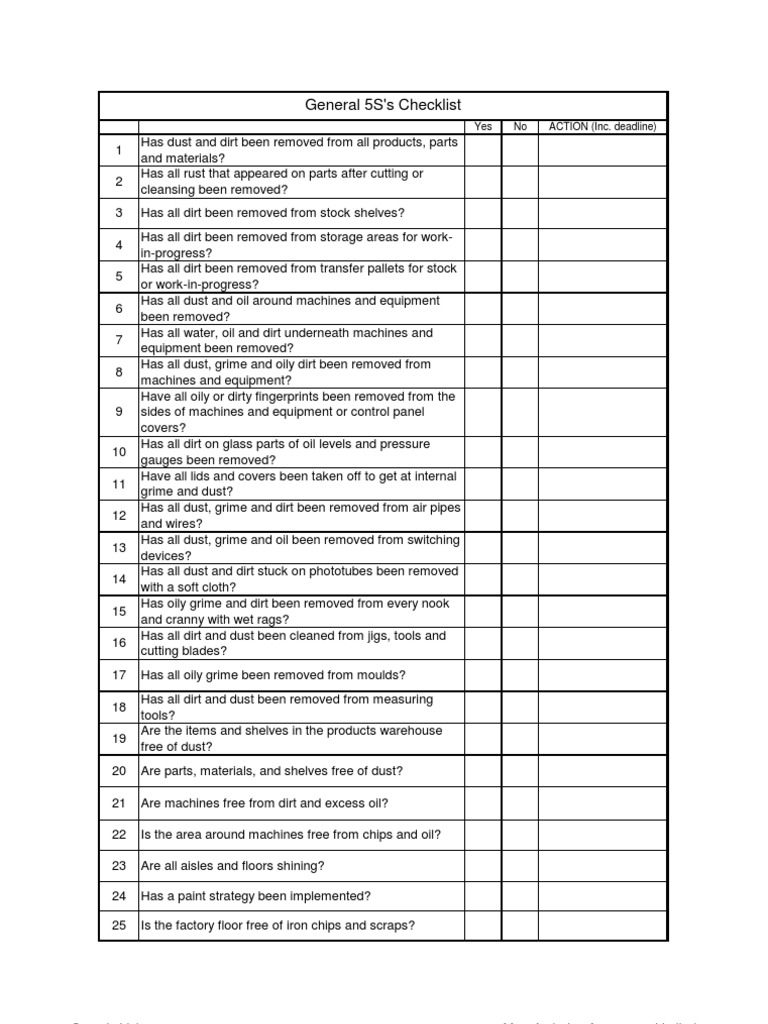 5S Audit Checklist for Manufacturing | PDF | Manufactured Goods | Nature