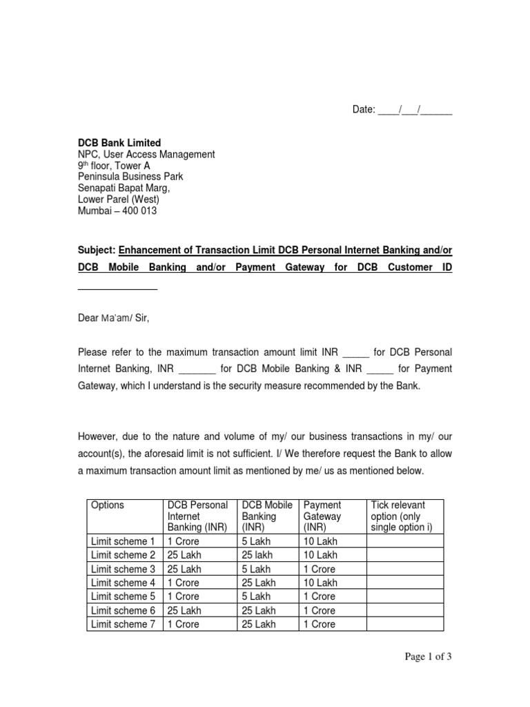 DCB Bank Transaction Limit Enhancement Request | PDF | Online Banking ...