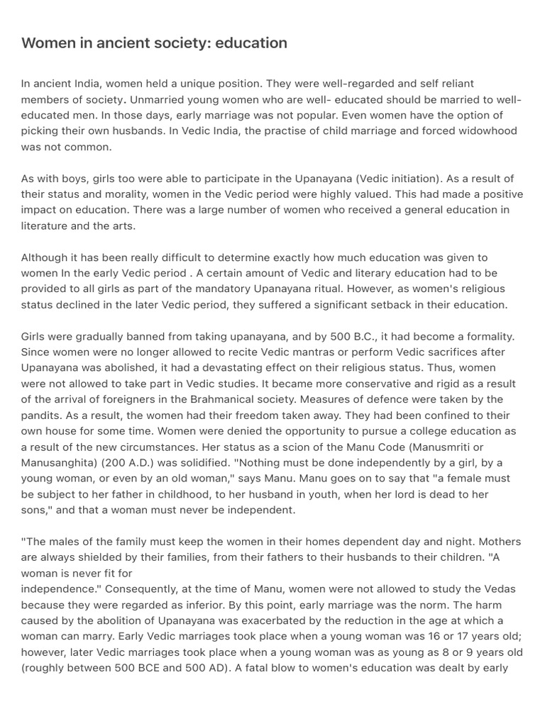 Women in Ancient Society Education | PDF | Marriage | Vedas