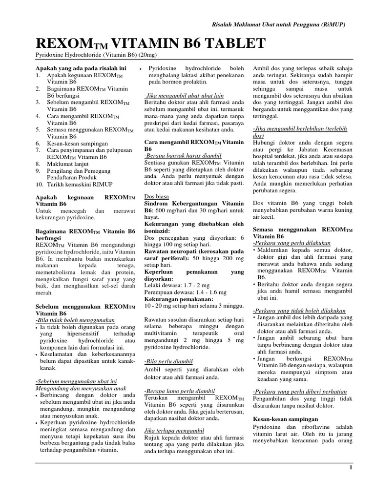 Rexom Vitamin B-6 Tablet Pyridoxine Hydrochloride KCK PHARMACEUTICAL ...
