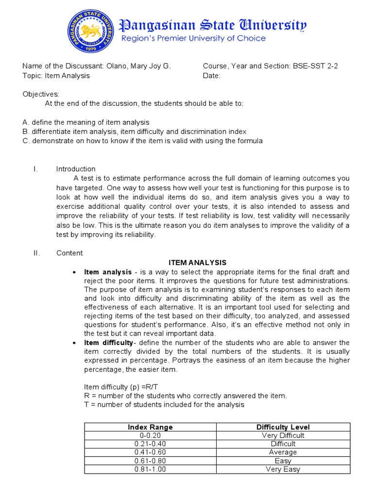 Item Analysis | PDF | Validity (Statistics) | Behavior Modification