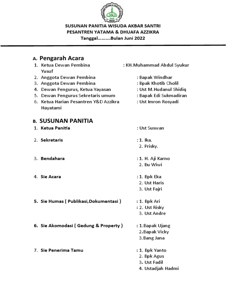 Susunan Panitia Wisuda Santri | PDF
