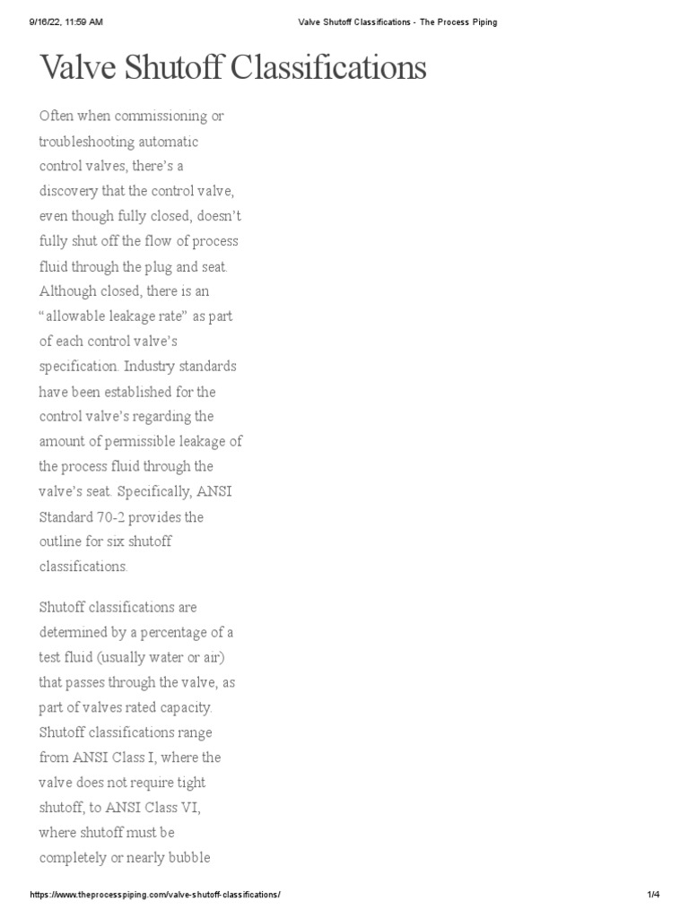 Valve Shutoff Classifications - Process Piping | PDF | Valve | Hydraulics