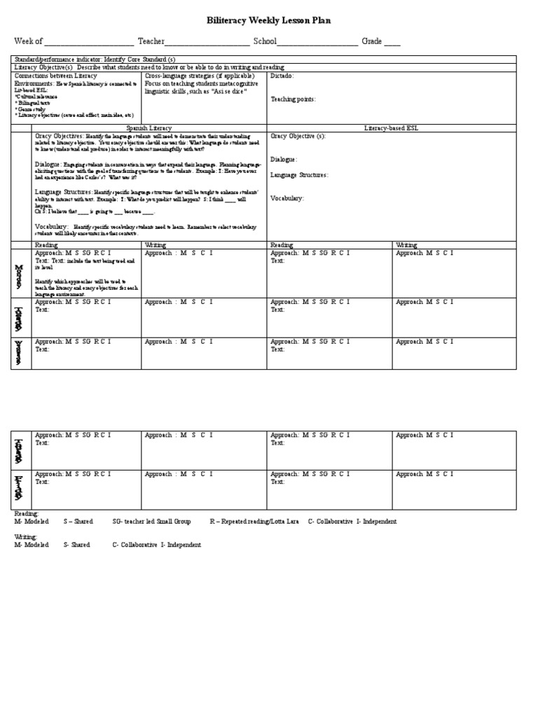 Biliteracy Weekly Lesson Plan | PDF | Literacy | Teaching Method