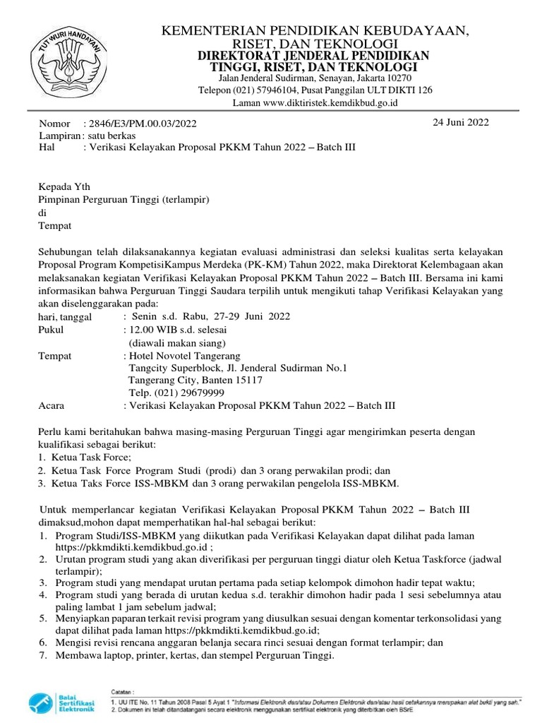 Undangan Verikasi Kelayakan Proposal PKKM Tahun 2022 - Batch III | PDF