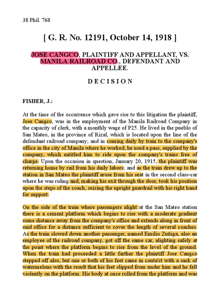 Cangco v. MRR, 38 Phil 768 | PDF | Negligence | Legal Liability