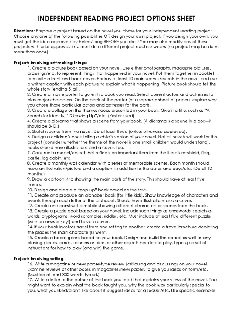Independent Reading Project Options Sheet | PDF | Books | World Wide Web
