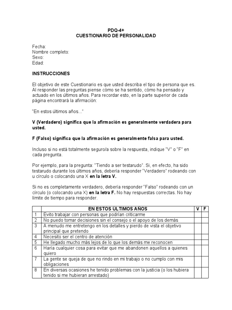 PDQ-4+ Cuestionario de Personalidad | PDF
