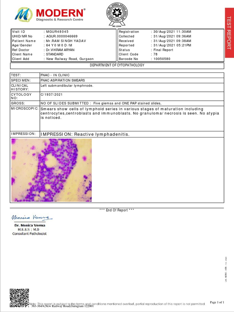 FNAC Report: Reactive Lymphadenitis | PDF