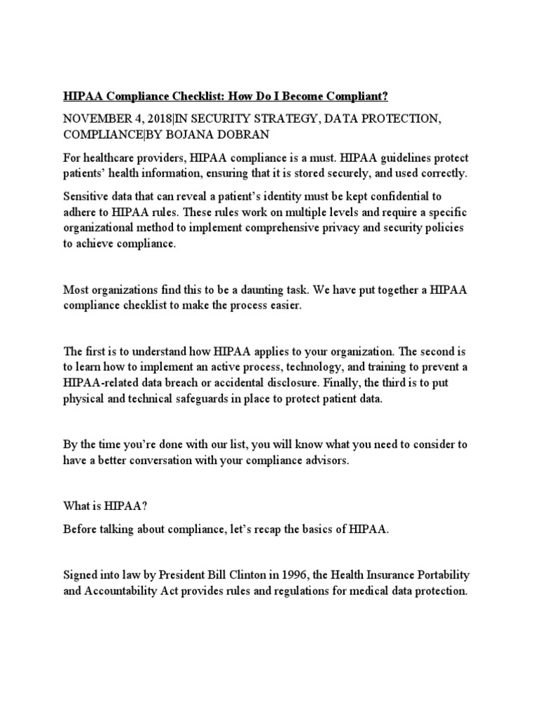 HIPAA Compliance Checklist Explained | PDF | Health Insurance ...