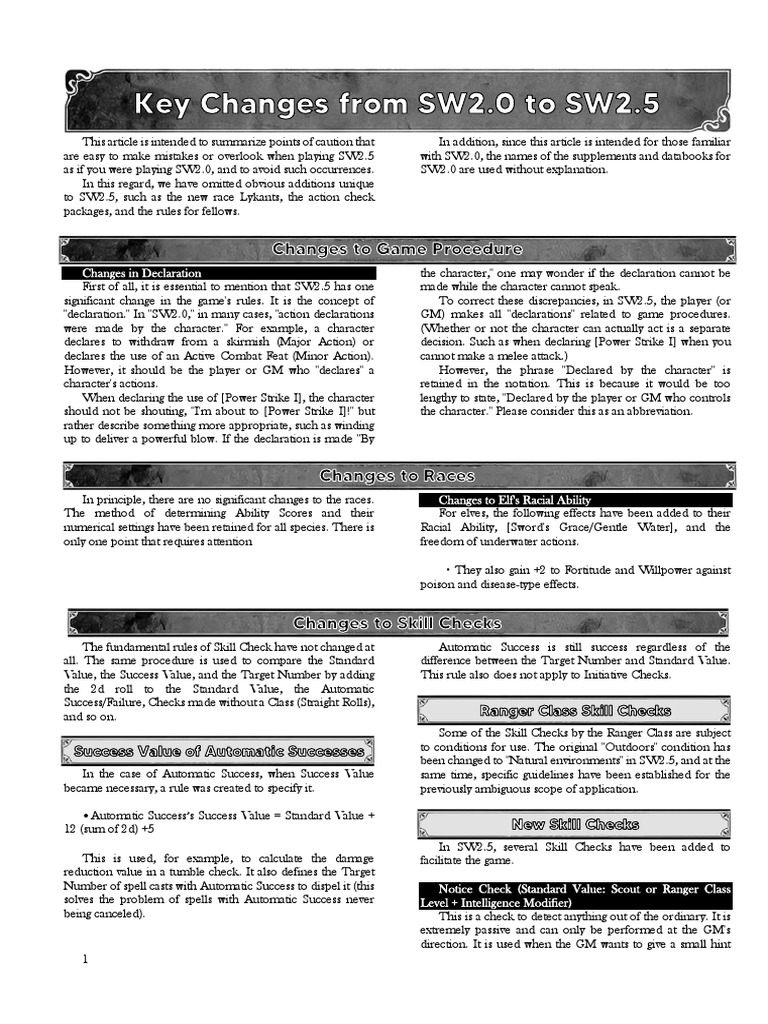 SW2.5 Gameplay Changes and Tips | PDF