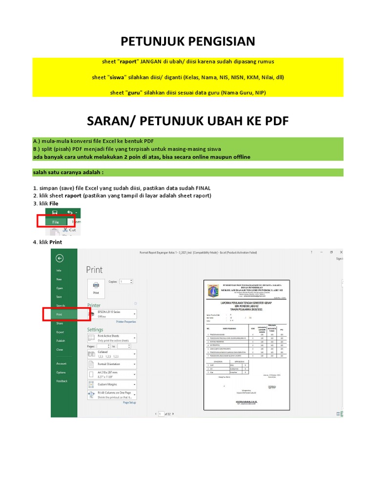 Petunjuk Pengisian Excel Raport Bayangan Dan Cara Merubahnya Ke PDF | PDF