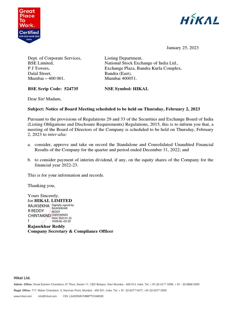 BSE Scrip Code: 524735 NSE Symbol: HIKAL: Rajasekha R Reddy Chintakind ...