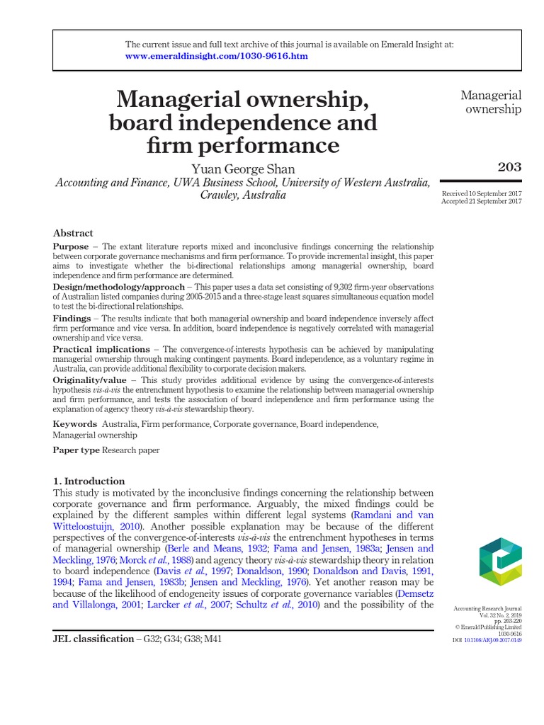 Managerial Ownership, Board Independence and Firm Performance | PDF | Endogeneity (Econometrics ...