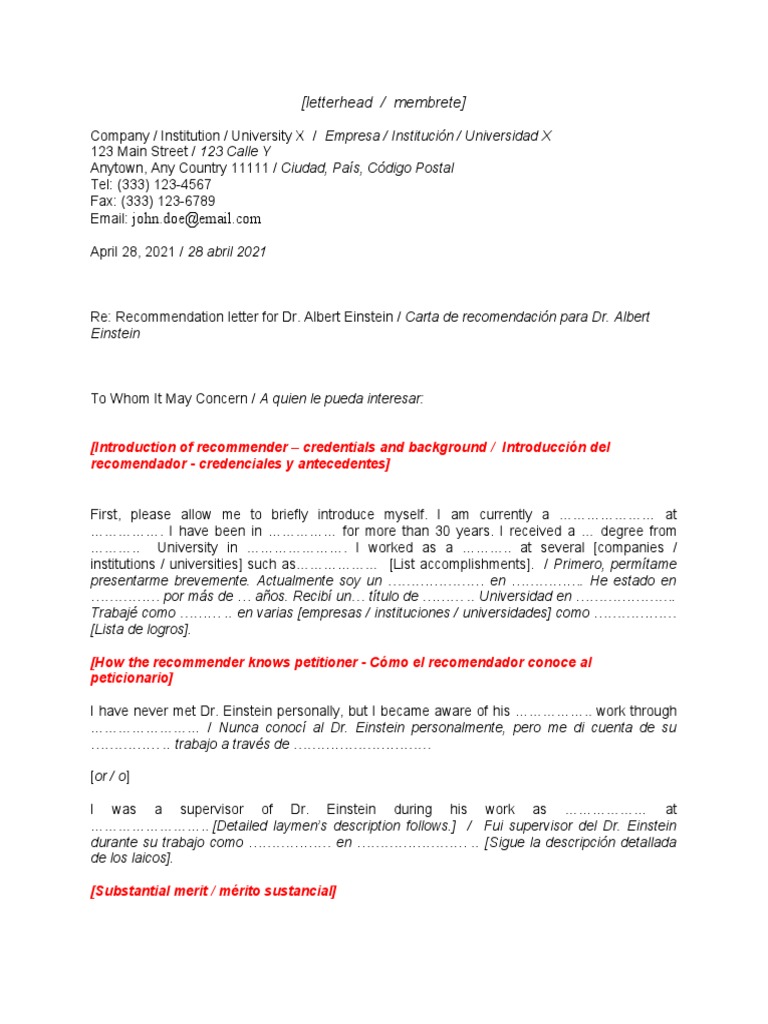 EB2 - Recommendation Letter Template English-Spanish 1 | PDF