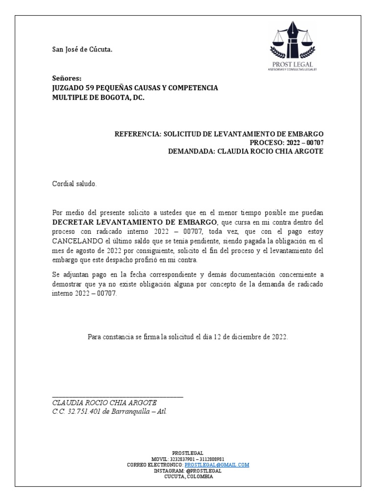 Solicitud de levantamiento de embargo en proceso judicial 2022-00707 | PDF Solicitud de levantamiento de embargo en proceso judicial 2022-00707 | PDF