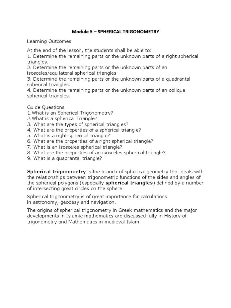 Spherical Triangle | PDF | Triangle | Sphere
