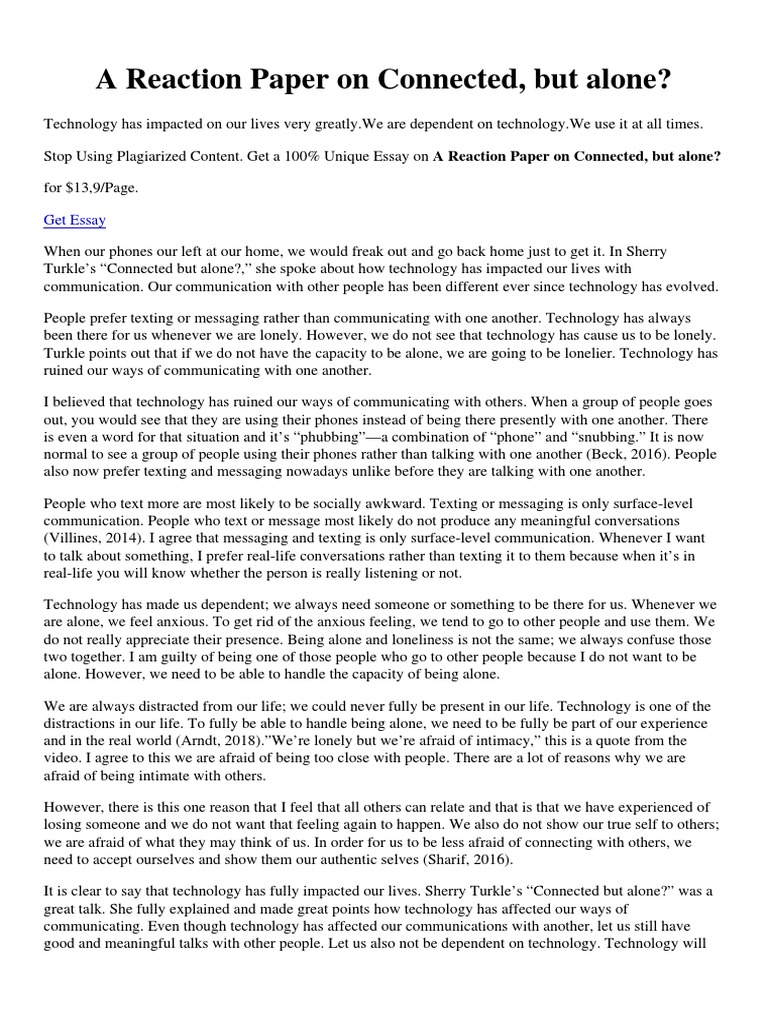A Reaction Paper On Connected, But Alone | PDF | Loneliness | Text ...