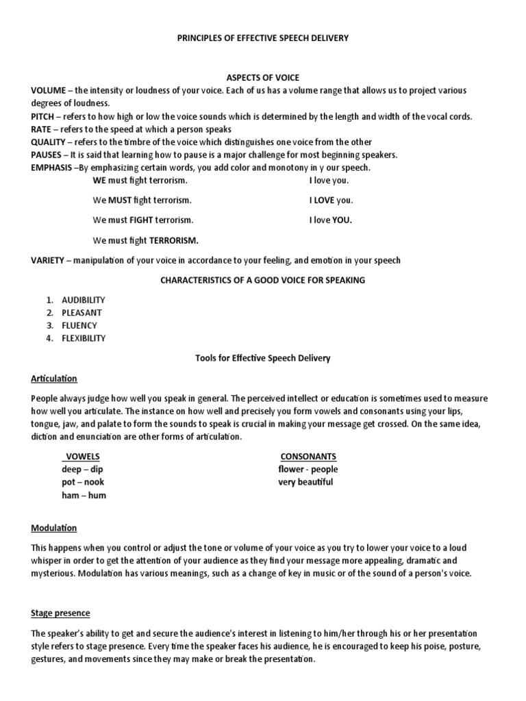 Principles of Effective Speech Delivery | PDF | Human Voice | Gesture