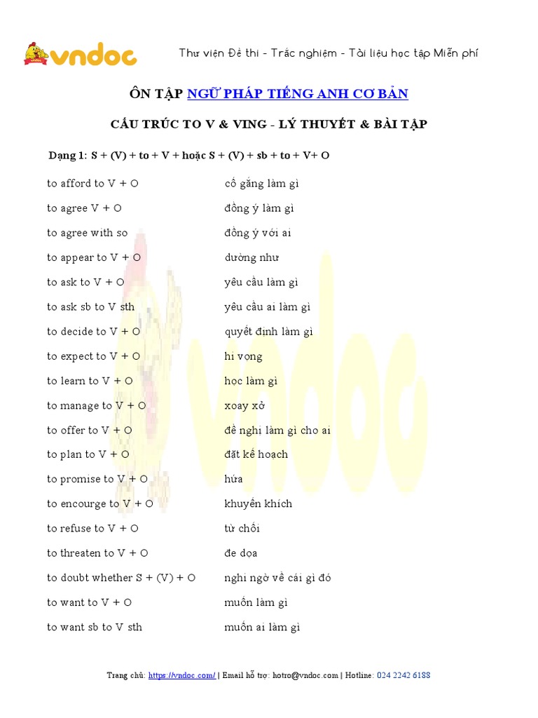 101 Cau Truc Dong Tu To V Va Ving Thuong Gap | PDF