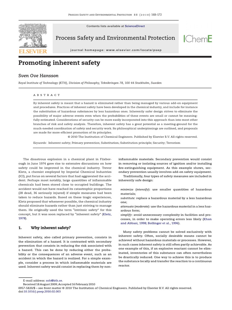 Promoting Inherent Safety - 2010 - Process Safety and Environmental ...