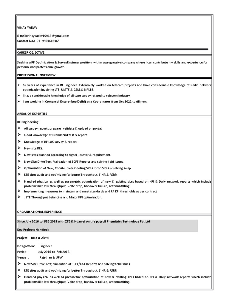 VINAY YADAV-CV New | PDF | Lte (Telecommunication) | 4 G