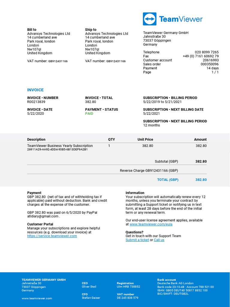 Teamviewer R00213839 | PDF | Invoice | Subscription Business Model
