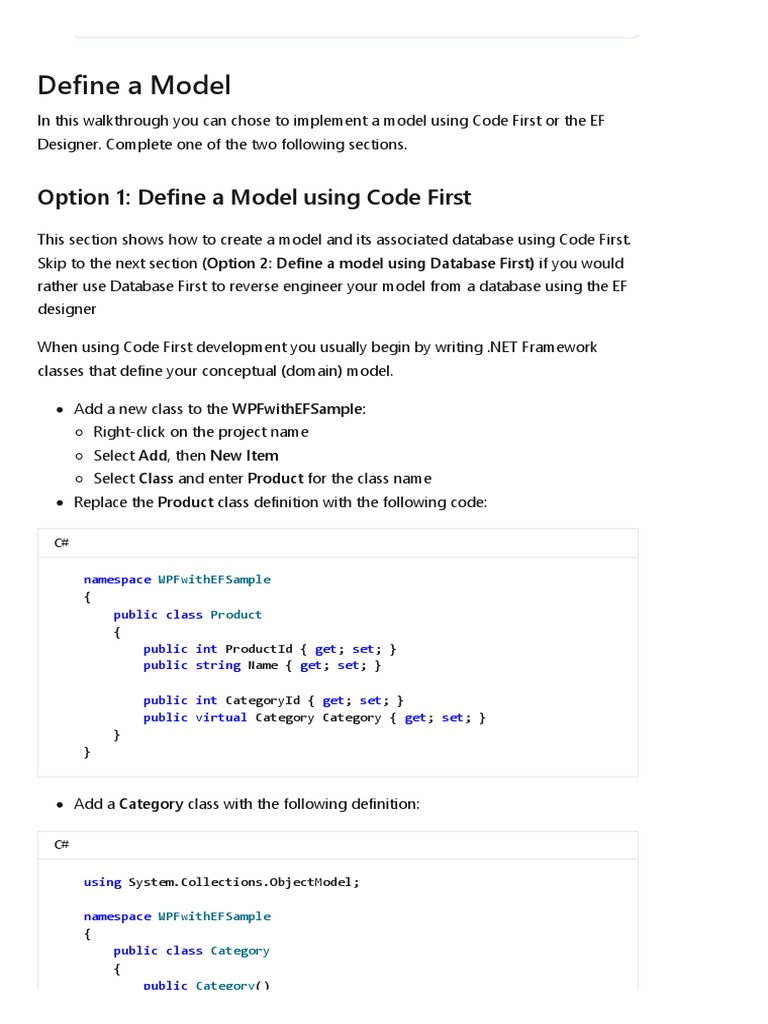 Define a Model Using Code First or Database First in EF | PDF | Databases | Class (Computer ...