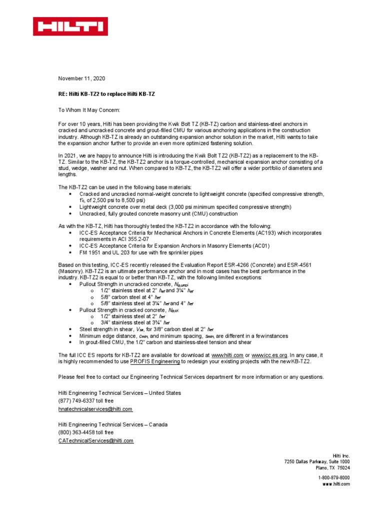 HILTI KB-TZ To KB-TZ2 Substitution Letter | PDF | Concrete | Screw