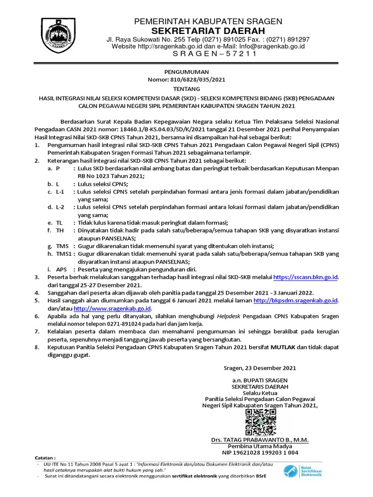 Pengumuman SKD-SKB - 2021 | PDF