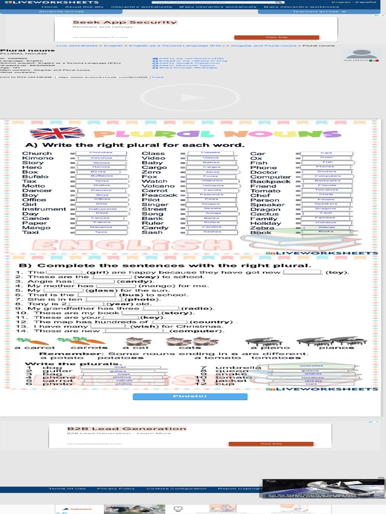 Plural Nouns Online Exercise For BEGINNER | PDF | Worksheet | English ...