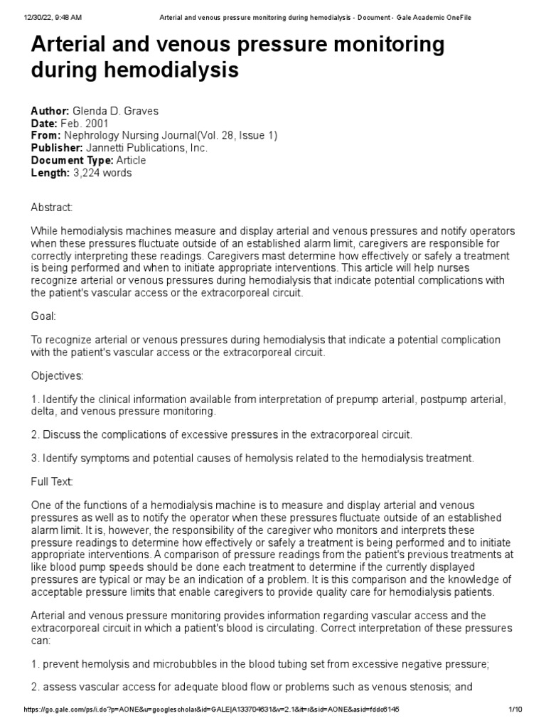 Arterial and Venous Pressure Monitoring During Hemodialysis - Document ...