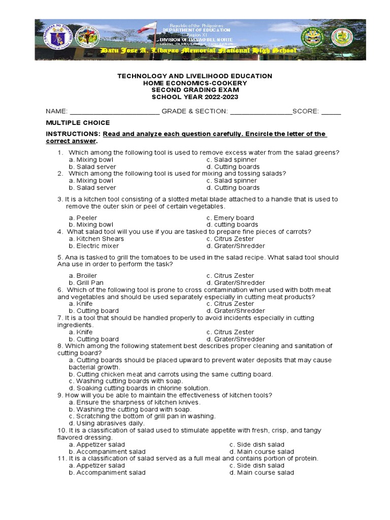 Grade 9 TLE Cookery Exam Q2 | PDF | Salad | Vinaigrette