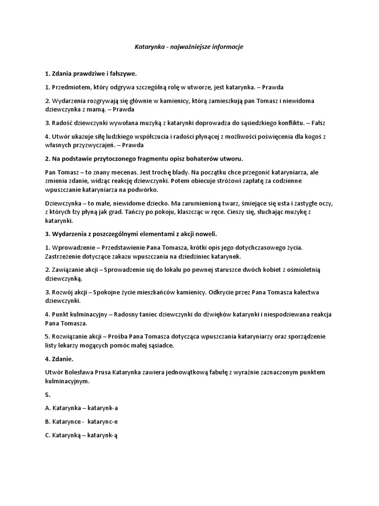 Katarynka Najważniejsze Informacje | PDF