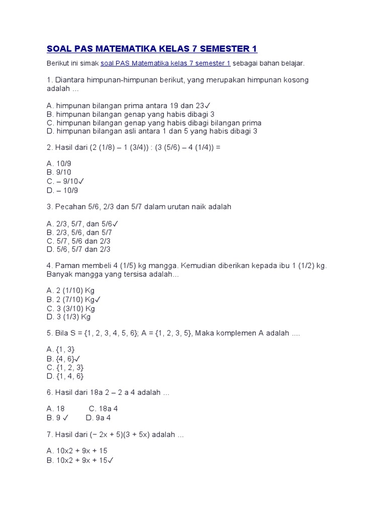 Soal Pas Matematika Kelas 7 Semester 1 | PDF | Metode & Bahan Ajar | Griya & Taman