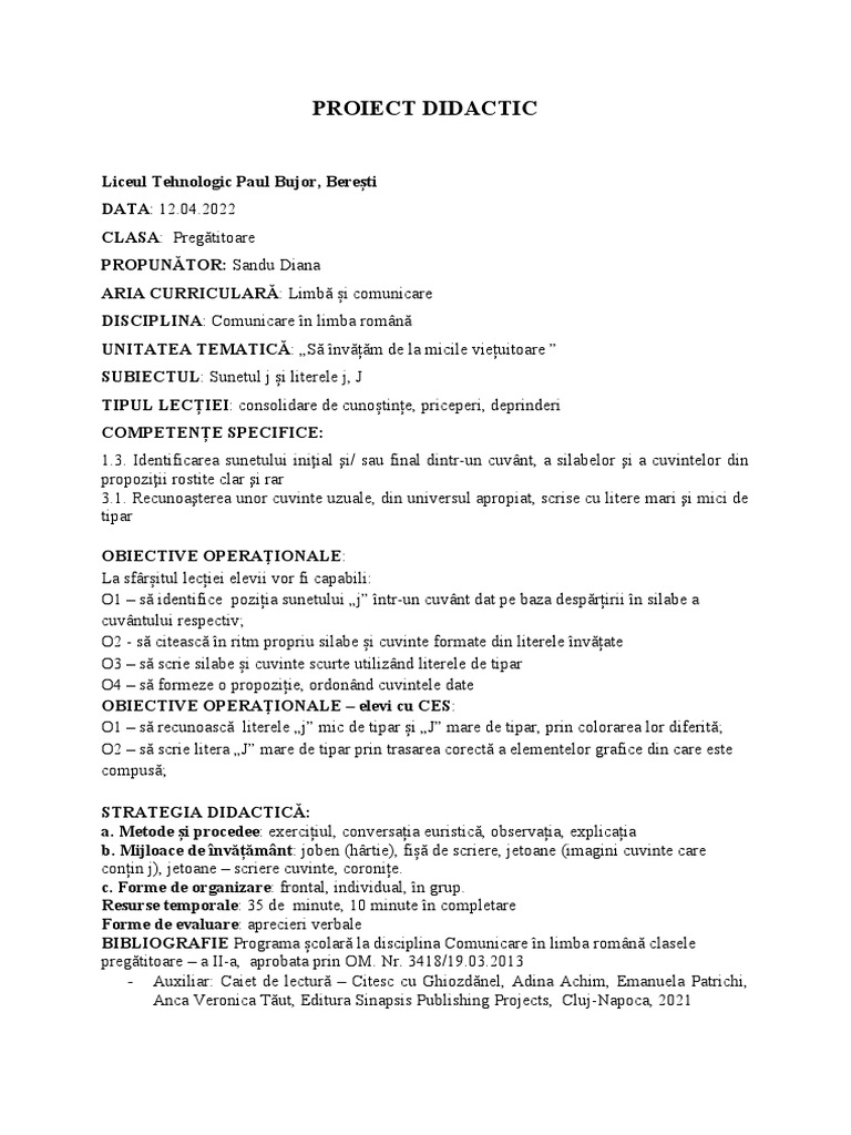 Proiect Didactic Sunetul Și Litera J Consolidare - Scriere | PDF