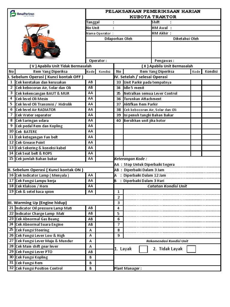 Formulir Pemeriksaan Harian Alat Berat | PDF