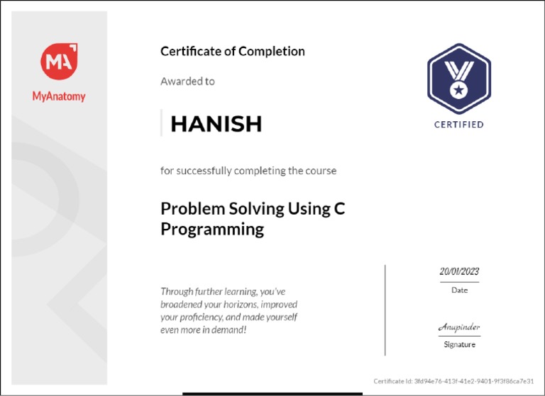 Problem Solving Using C Programming - Certificate | PDF Problem Solving Using C Programming - Certificate | PDF