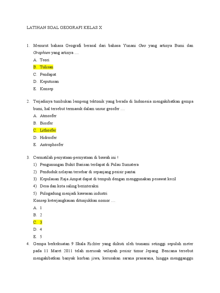 LATIHAN SOAL GEOGRAFI KELAS X OK (Baru) | PDF
