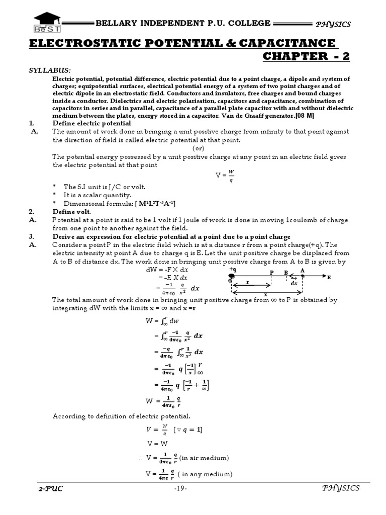 Electrostatic Potential and Capacitance | PDF | Capacitance | Capacitor