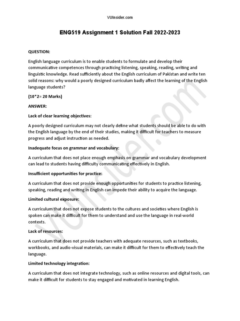 ENG519 Assignment 1 Solution Fall 2022 | PDF | Curriculum | Educational Assessment