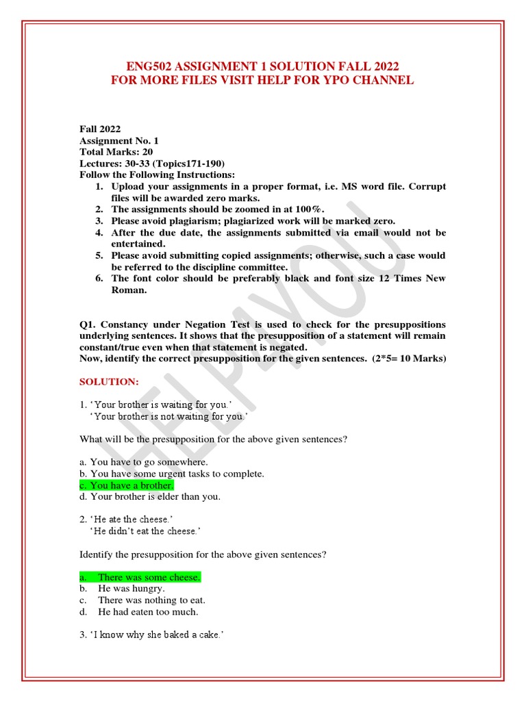 ENG502 Assignment 1 Solution Fall 2023 by Help For You | PDF | Wellness